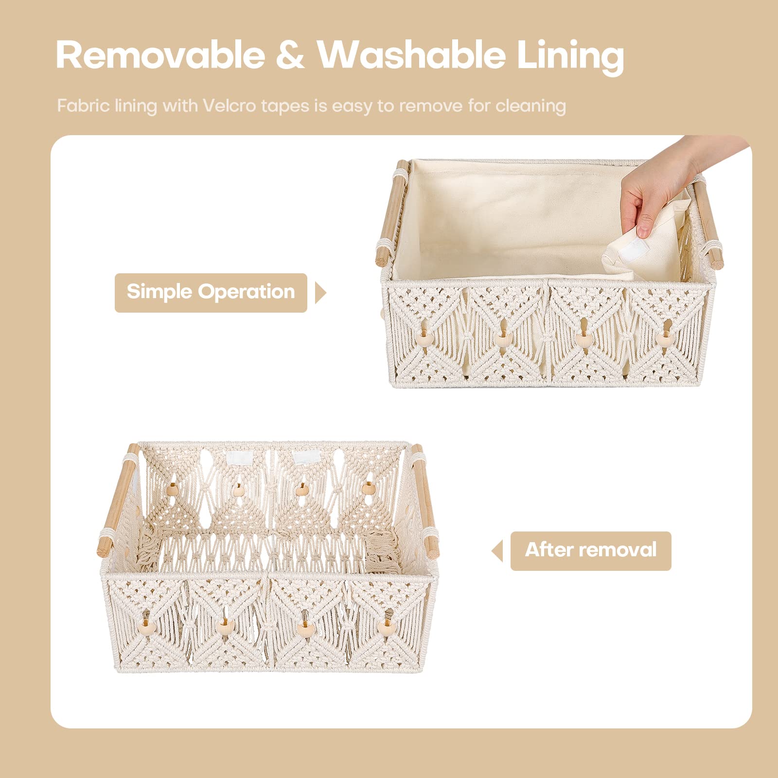 LaMorée Large Boho Macrame Storage Baskets 3 PCS Cotton Rope Hand Woven Bin Set with Natural Wooden Handles & Beads Decorative Wicker Boxes for Tabletop Book Shelf Bathroom Organizer Container