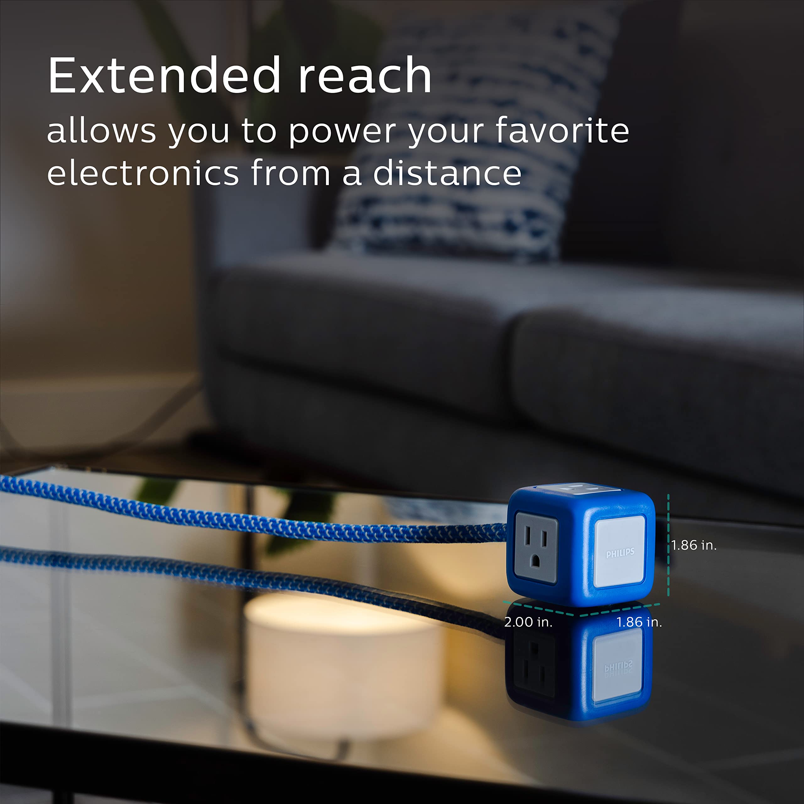 Philips Accessories 3-Outlet Extension Cord Cube with 2 USB-A Ports, 10 Ft Extra-Long Power Cord, Outlet Extender, Braided Cord, Space-Saving Flat Plug,2.4A, Rubberized Finish,Blue/Gray,SPS3102DB/37