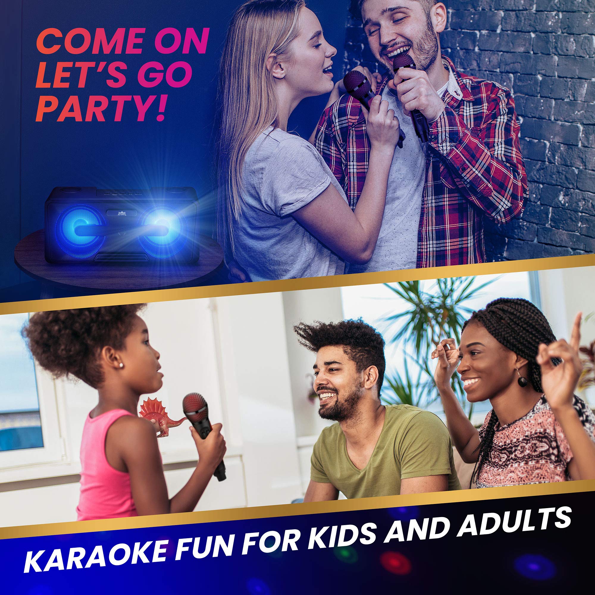 KaraoKing New 2020 Karaoke Machine – for Adults and Kids – 2 Wireless Karaoke Microphone, SD Card, USB, Bluetooth Compatible, LED Lights – Home, Bachelor Party, Picnic, Outdoor/Indoor [G301 Black]