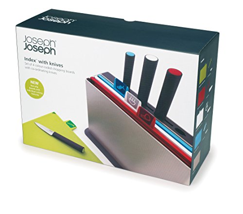 Joseph Joseph Index Plastic Cutting Board Set with 4 Matching Knives and Storage Case Color-Coded Dishwasher-Safe Non-Slip, Small, , Silver with Knives