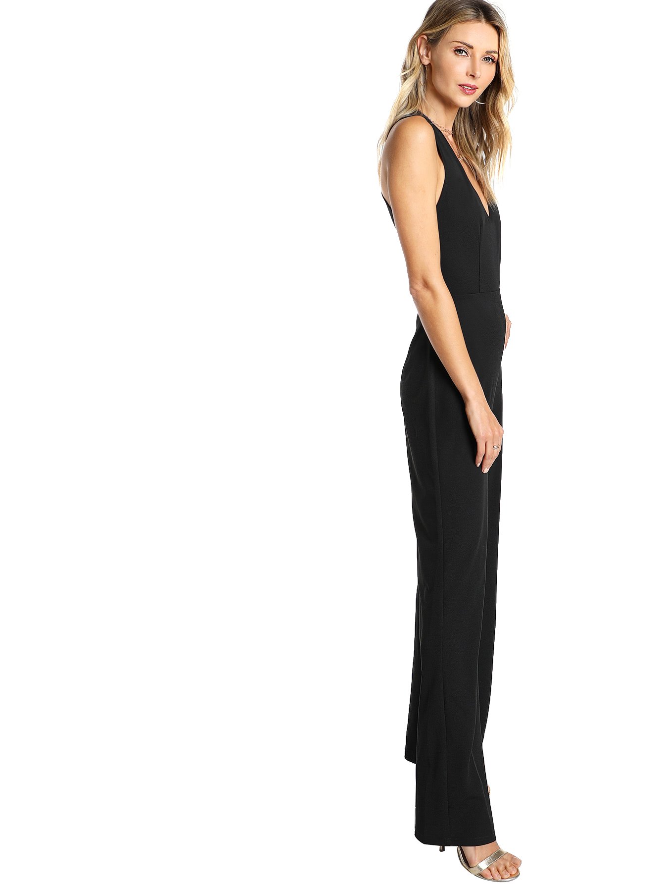 MakeMeChic Women's Sexy Deep V Neck Sleeveless Wide Leg Loose Jumpsuits Rompers A Black XL