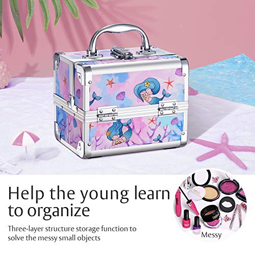 Joligrace Makeup Train Case for Girls Cosmetic Box Kids Jewelry Organizer Hair Accessories Storage Lockable with 2-Tier Trays & Mirror Mermaid Princess