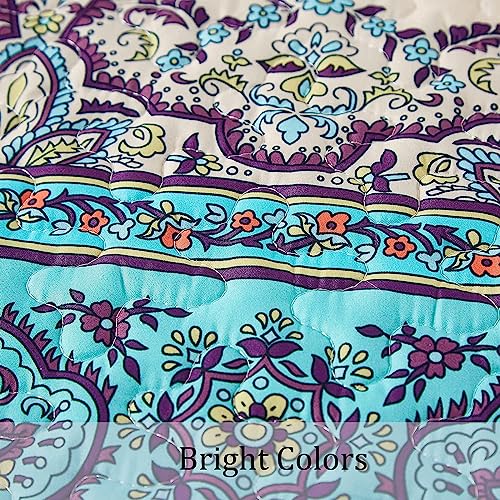 WONGS BEDDING Boho Quilt Set California King, Purple Bohemian Striped Pattern Printed Quilt Coverlet, Lightweight Microfiber Bed Decor Bedspread for All Season 106"x96"(3 Pieces, Cal King)