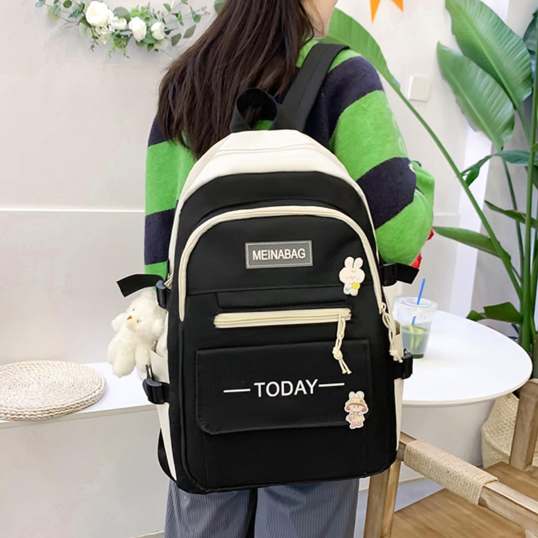 Josfey 5Pcs Kawaii Backpack Cute Backpack Aesthetic Backpack Preppy Backpack SetKawaii School Supplies with Accessories (Black)