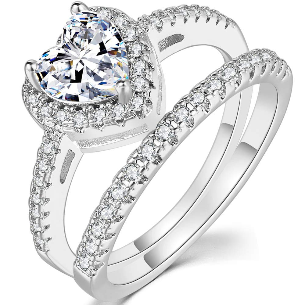 Jude Jewelers Rhodium Plated Heart Shaped Engagement Eternity Bridal Anniversary Promise Wedding Band Ring Set (Silver, 7)