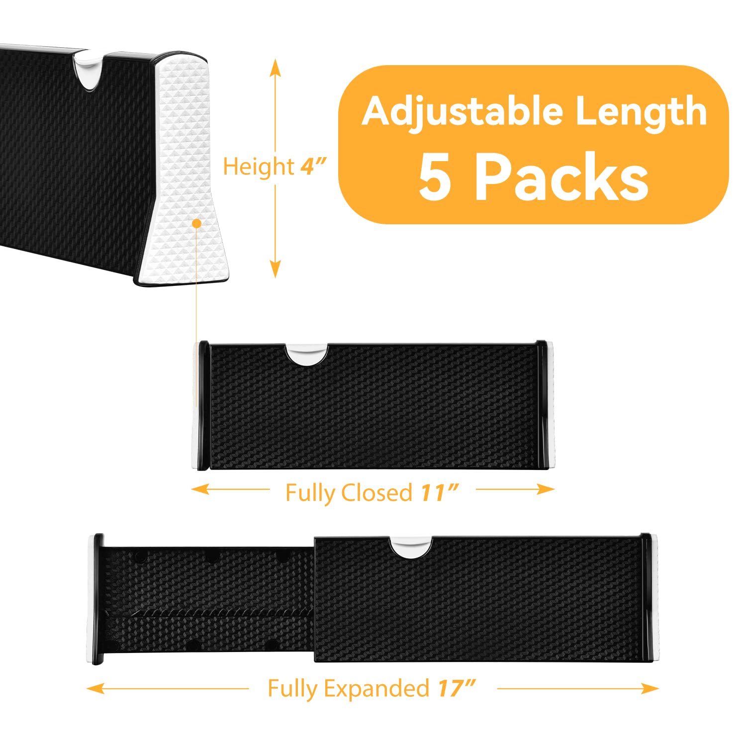 JONYJ Drawer Dividers Organizer 5 Pack, Adjustable Separators 4" High Expandable from 11-17" for Bedroom, Bathroom, Closet,Clothing, Office, Kitchen Storage, Strong Secure Hold, Foam Ends(Black)