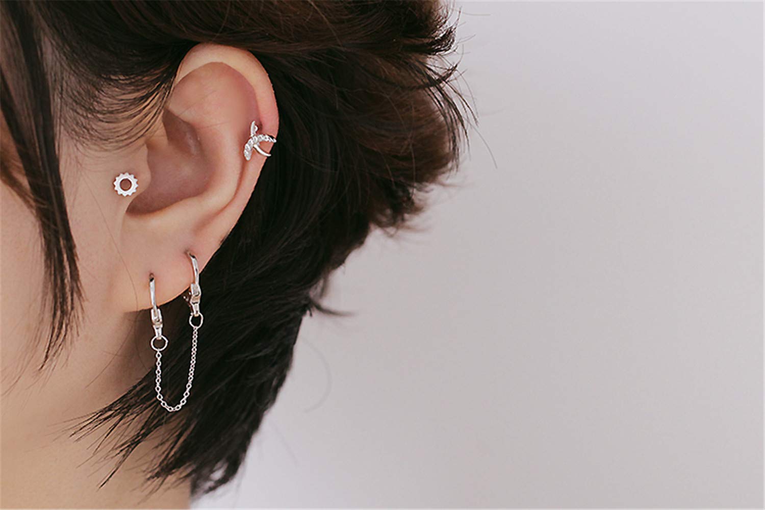 Minimalist Double Hoop Earrings for Women Girls Men Sterling Silver Pair Small Hoops Dangle Chain Drop Dangle Cartilage Second Hole Fashion Personalized Punk Jewelry 1 Piece (Silver)