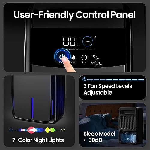 raydrop Dehumidifier for Bedroom, 95 OZ Water Tank, Dehumidifier with Drain Hose for Home Basement Bathroom, Timer, Cycling 7 Color Lights, Quiet Sleep Mode, Aromatherapy, Auto Shut-Off