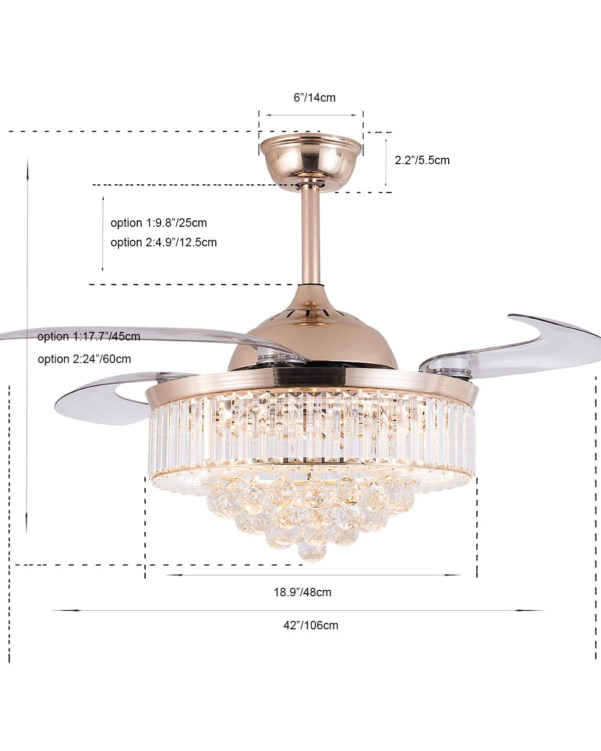 JVUJVCI Retractable Crystal Ceiling Fan with Light, Invisible Ceiling Chandelier Fan with Light and Remote, 3 Color Changes Lighting Silent LED Indoor Fans Gold (42 Inch)