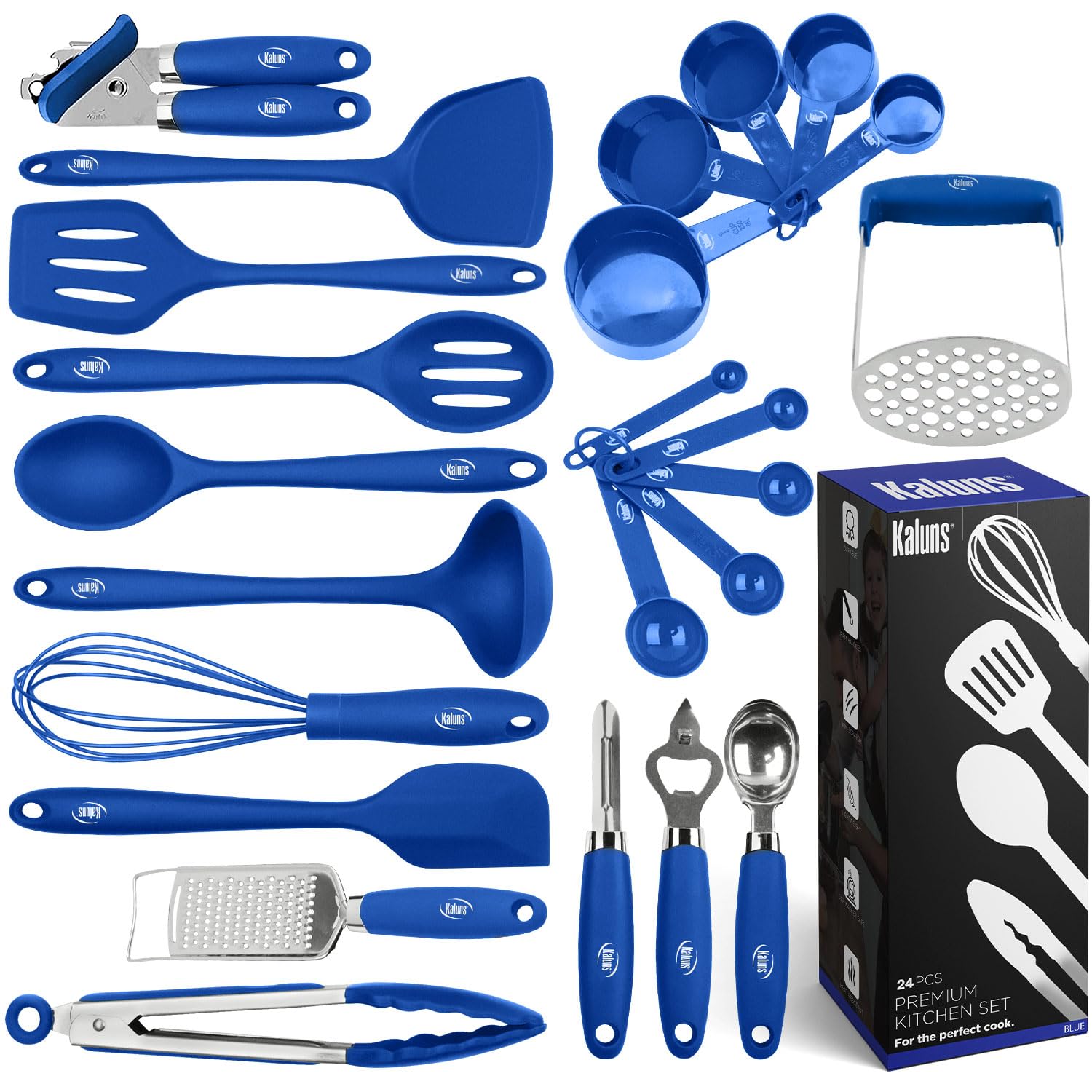 Kaluns Silicone Kitchen Utensils Set 24 Pcs Silicone Cooking Utensils Set - Can Opener, Masher, Turner, Spatula 446°F Heat Resistant Non-Stick - Premium Silicone and Stainless Steel Utensil Set