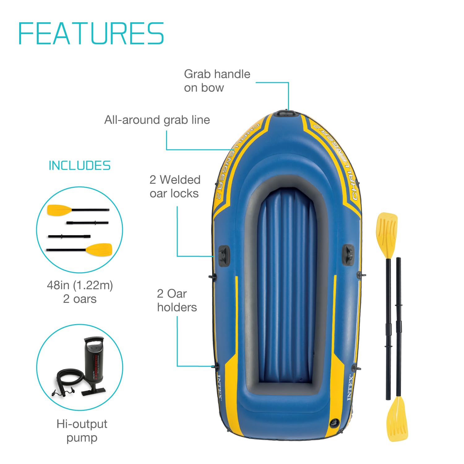 Intex 68367EP Challenger 2 Inflatable Boat Set: Includes Deluxe 48in Boat Oars and High-Output Pump – Triple Air Chambers – Welded Oar Locks – 2-Person – 440lb Weight Capacity