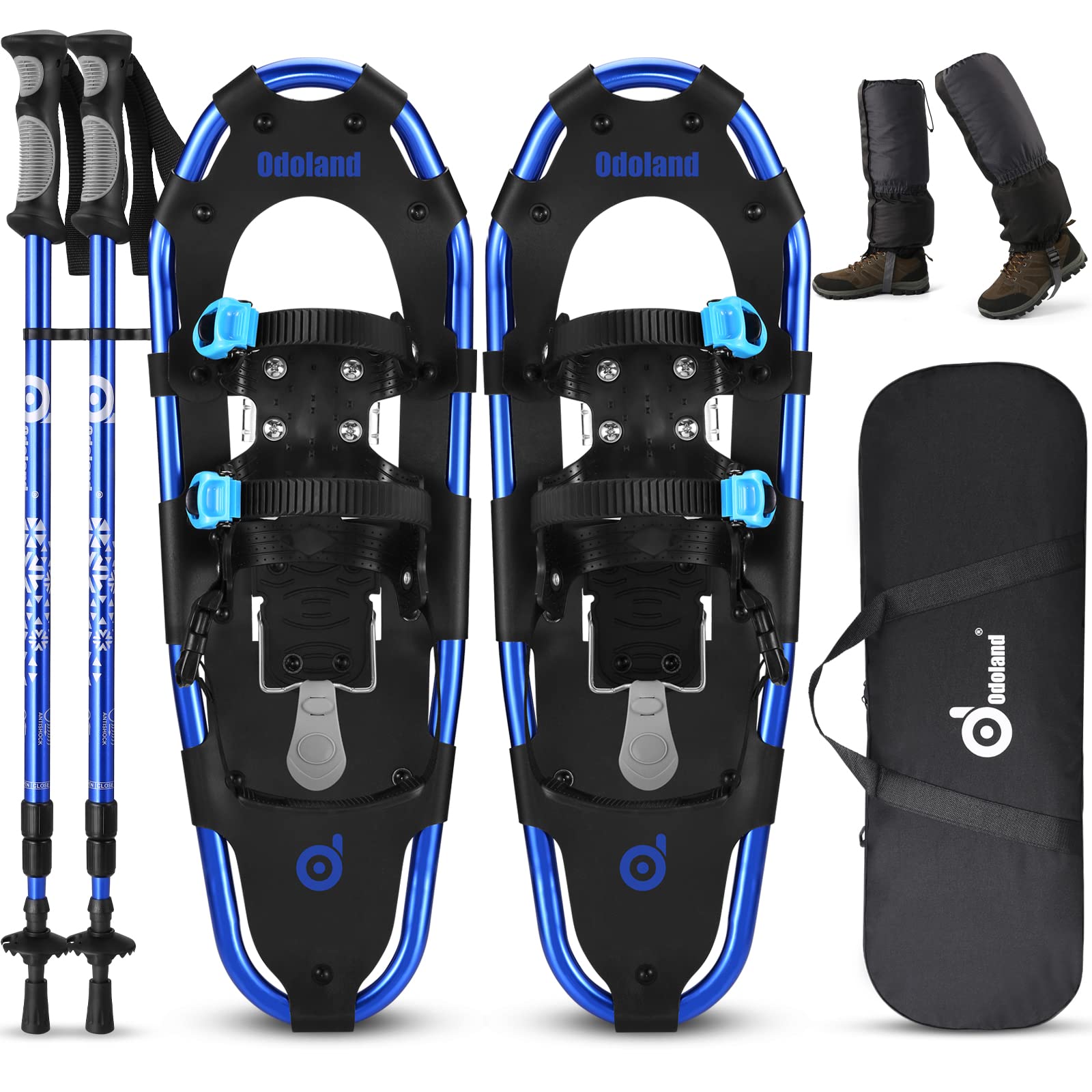 Odoland Bundle - 2 Items 4-in-1 Snowshoes with Trekking Poles, Blue, S and Snow Ski Goggles S2 Double Lens, White Frame Blue Lens VLT 13%