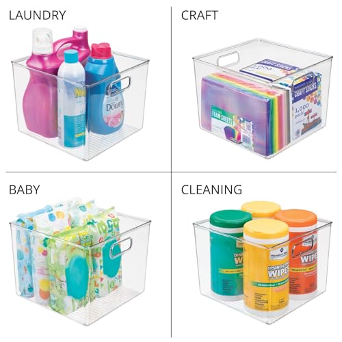 mDesign Plastic Modern Storage Organizer Bin Basket with Handles for Bathroom Organization - Shelf, Cubby, Cabinet, Vanity, and Closet Organizing Decor - Ligne Collection - 4 Pack - Clear
