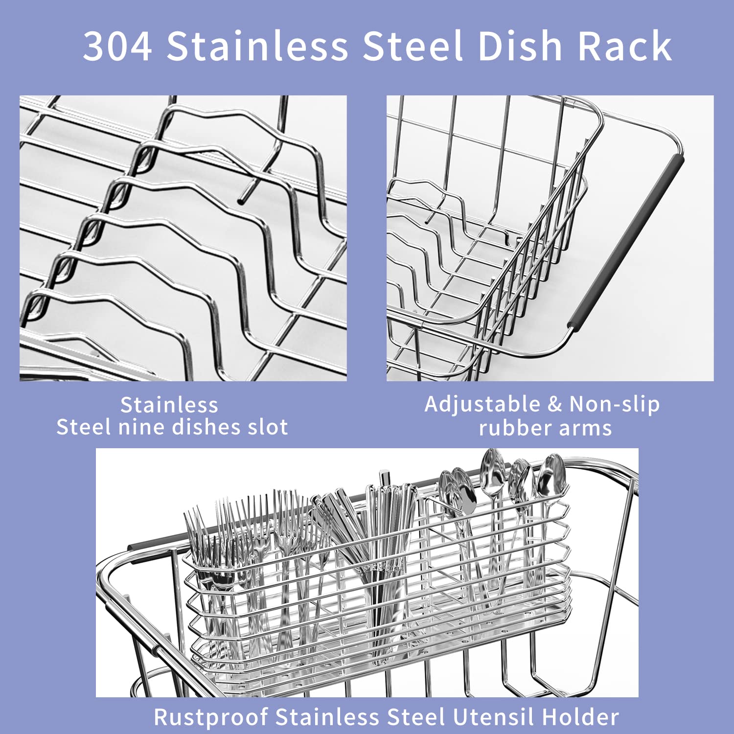 JAQ Dish Drainer in Sink Adjustable 14.96" to 20.59", Expandable 304 Stainless Steel Metal Dish Drying Rack Organizer with Stainless Steel Utensil Holder Over Inside Sink Counter