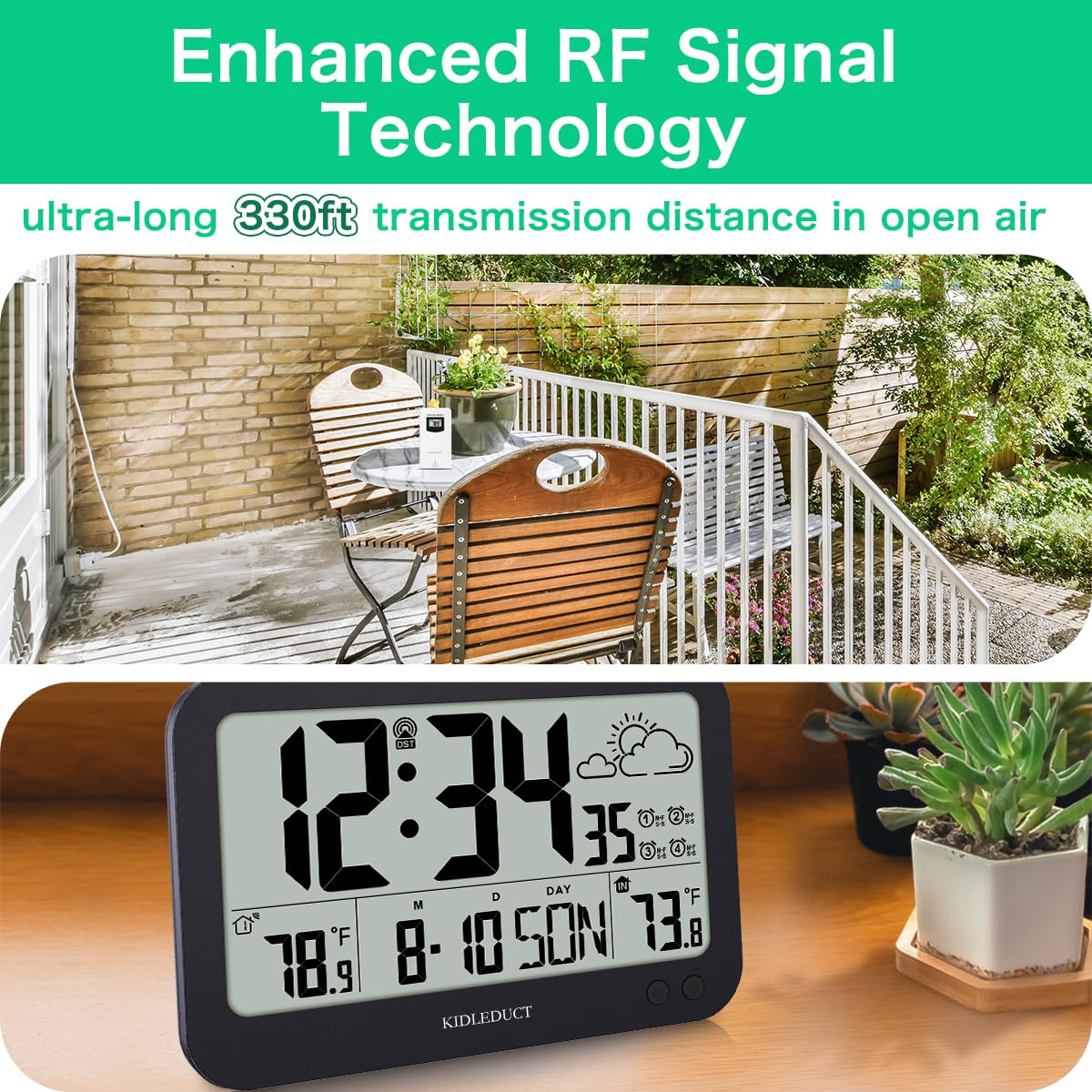 KIDLEDUCT Digital Wall Clock Battery Operated, Atomic Desk Clocks with Temperature Indoor Outdoor, 8.5" Large Display Weather Forecast Thermometer with 4 Alarms, 330ft Wireless