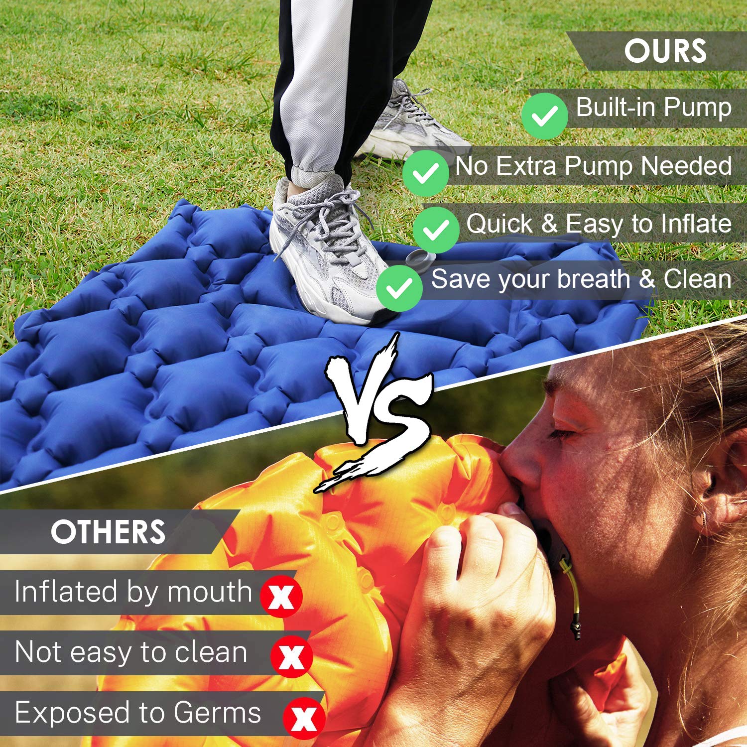 KEPLUG Inflatable Sleeping Pad for Camping, Ultralight Waterproof Sleeping Mat w/Pillow, Foot Pump Quick Inflation & Deflation, Thick Air Mattress for Backpacking Hiking Tent Travel - Blue