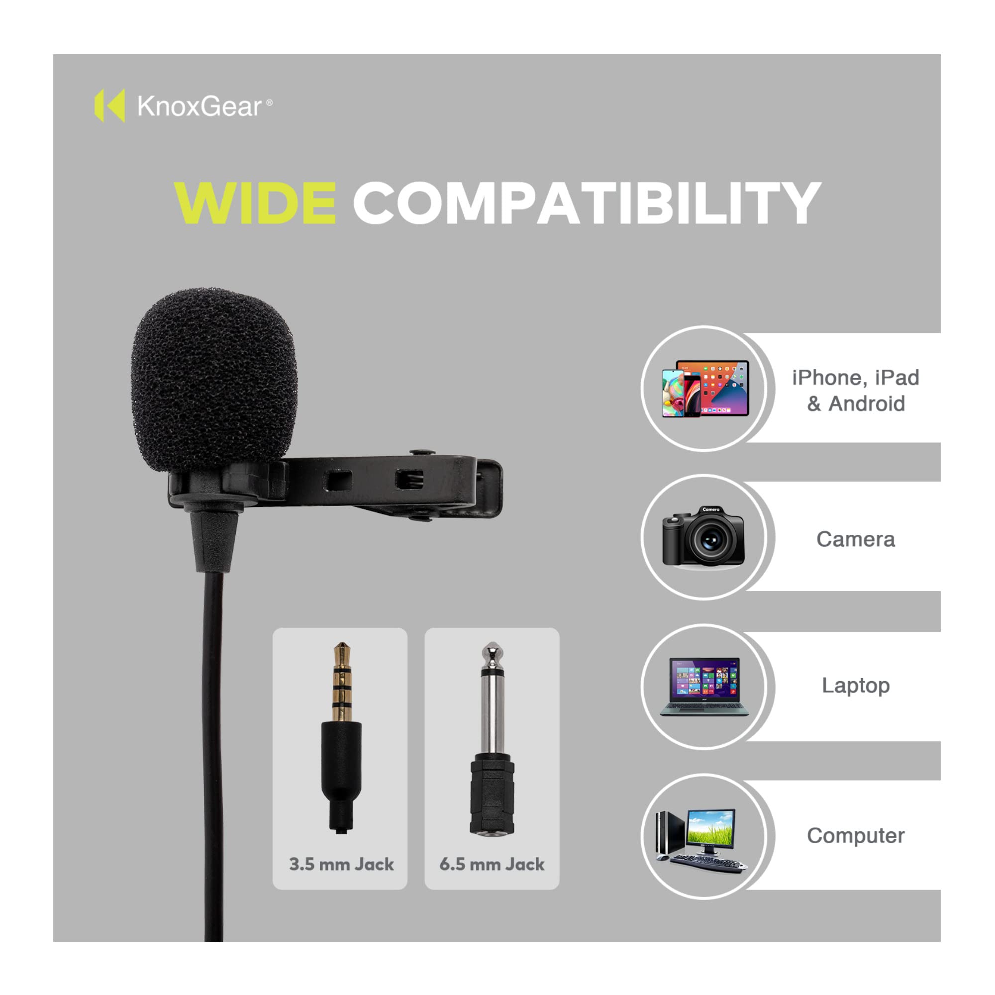 Knox Clip-On Lavalier Microphone β Professional Hands Free Body Lapel Mic for Recording and Live Audio β 3.55mm Jack with 1/4β Adapter β Fits DSLR and Video Cameras, Phones, Computers