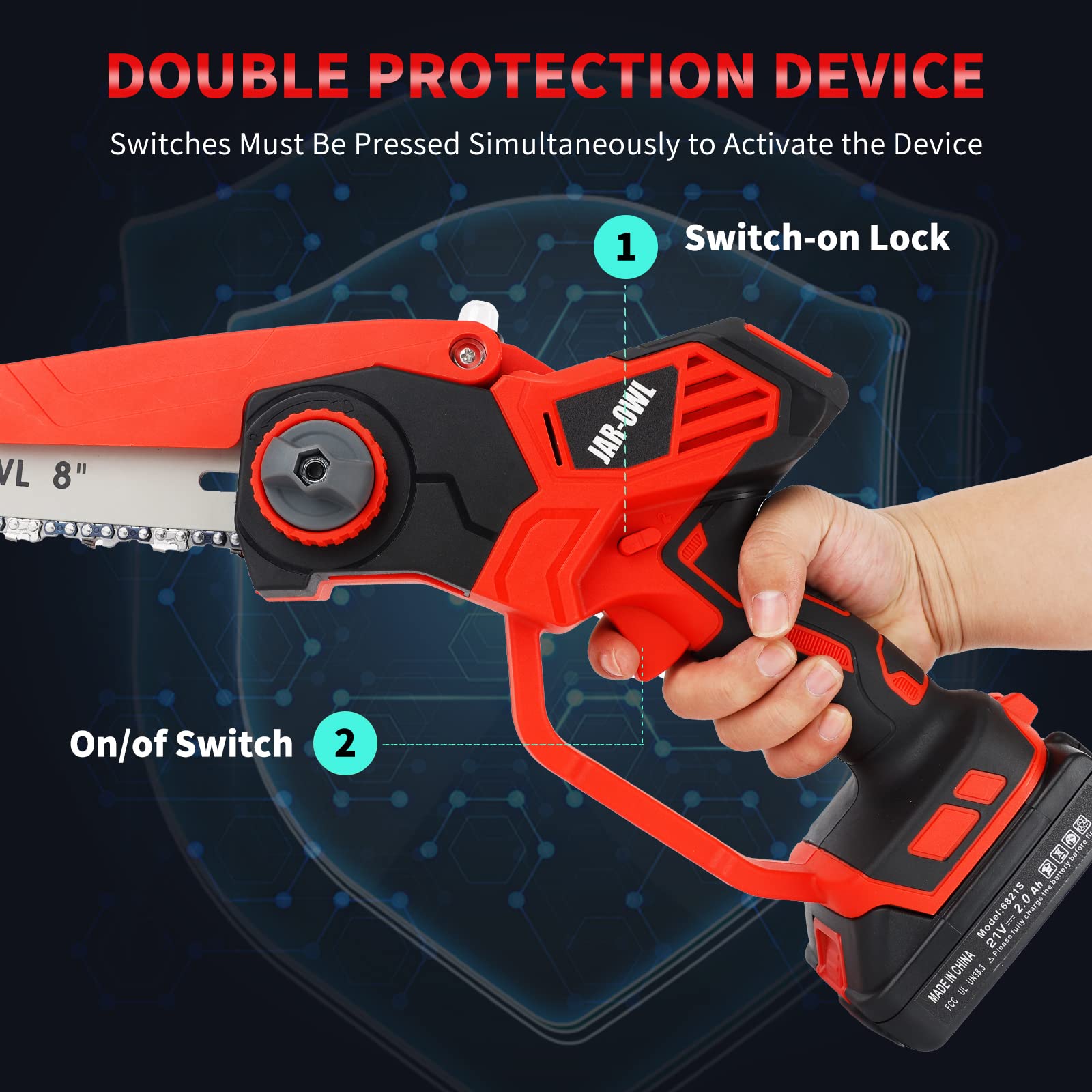 Jar-Owl 21V 8-inch & 6-inch 2.8Lb Cordless Mini Chainsaw - High-end Upgrade with Handheld Electric Auto Oiling System and 2 Big 2000mAh Batteries for Pruning and Cutting Branch Trees
