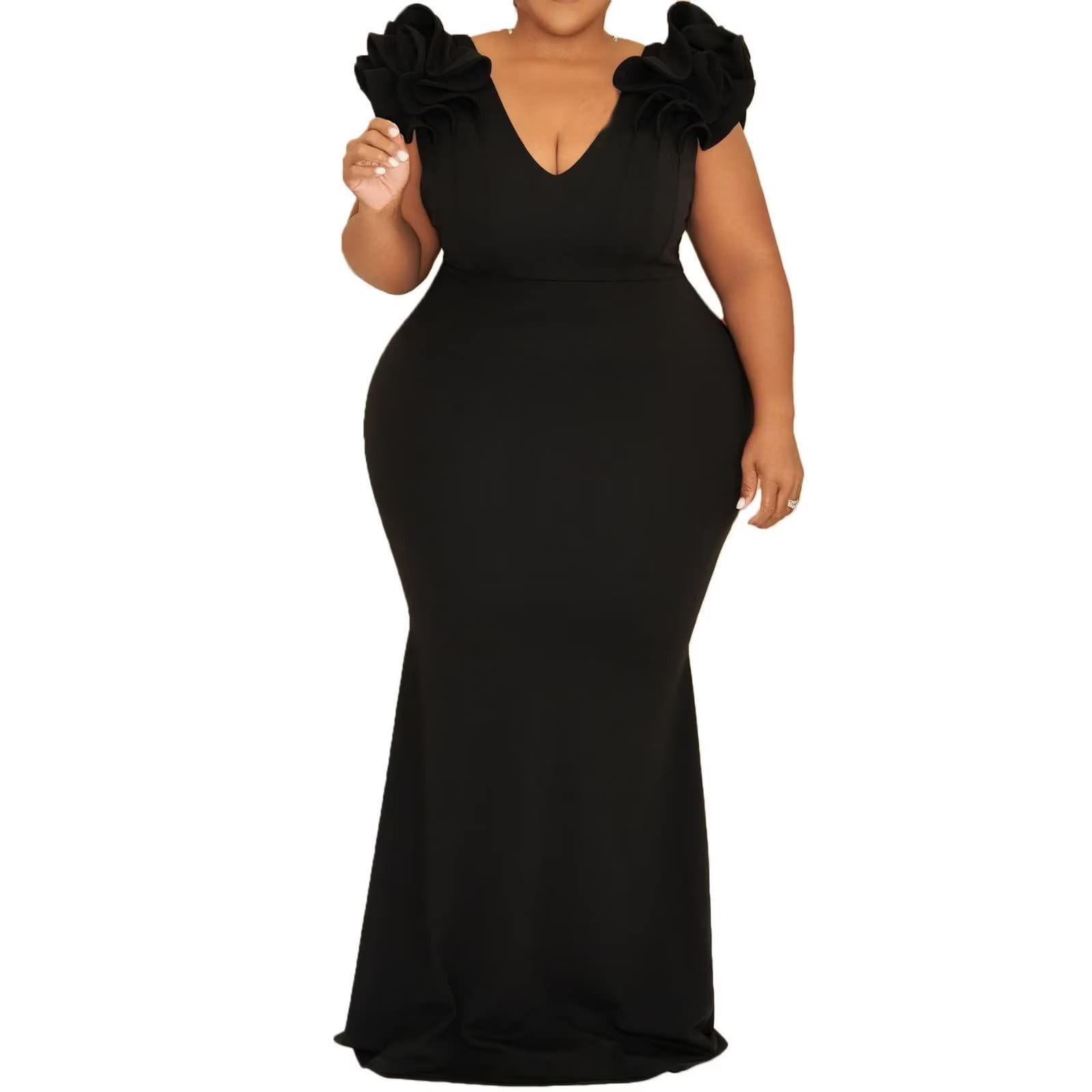 IyMoo Women's Sexy Plus Size Bodycon V Neck Ruffle Sleeve Backless Cocktail Evening Mixi Dresses Black 4XL
