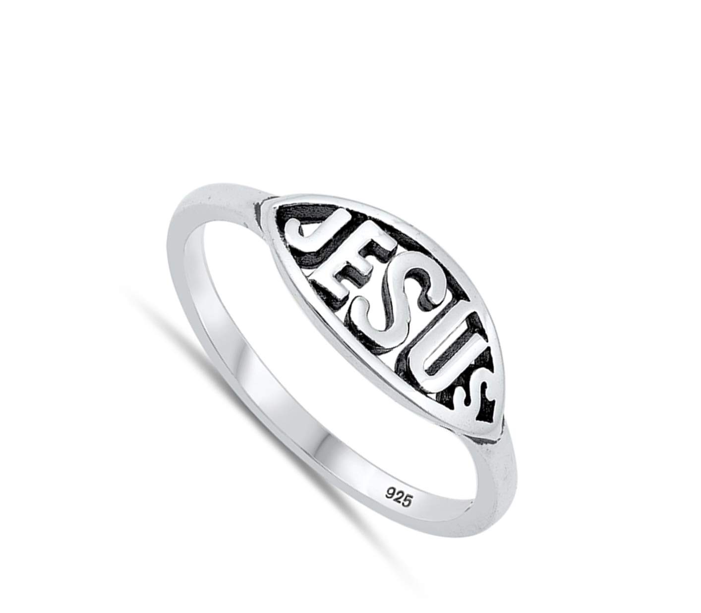 Jesus Script Filigree Oval Cutout Ring New .925 Sterling Silver Band Size 8