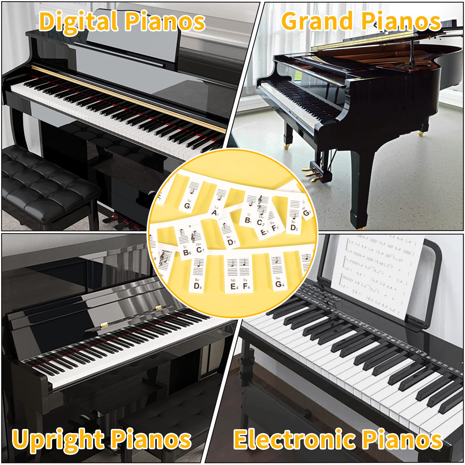 Piano Keyboard Stickers Alternative, DELLAN Silicone Removable Piano Keyboard Note Labels for Beginners and Kids, 88-Key Piano Accessories (Black)
