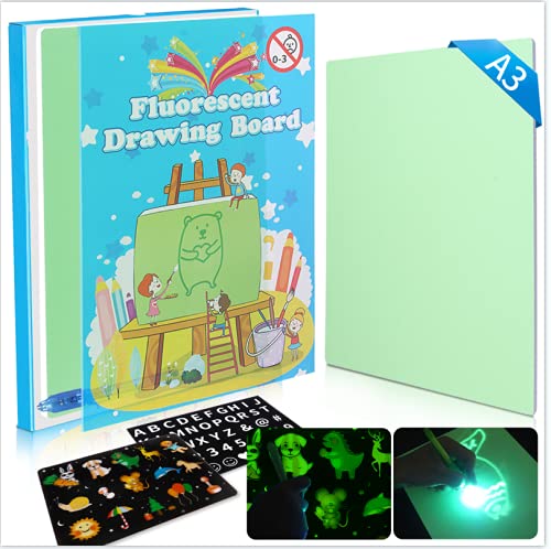 Kid Light Drawing Pad, Doodle Board Drawing Tablet Luminescent Board Glow in Dark Fluorescent Writing Tablet Developing Drawing Educational and Learning Toy Over 3 Years Old (Blue, A3)