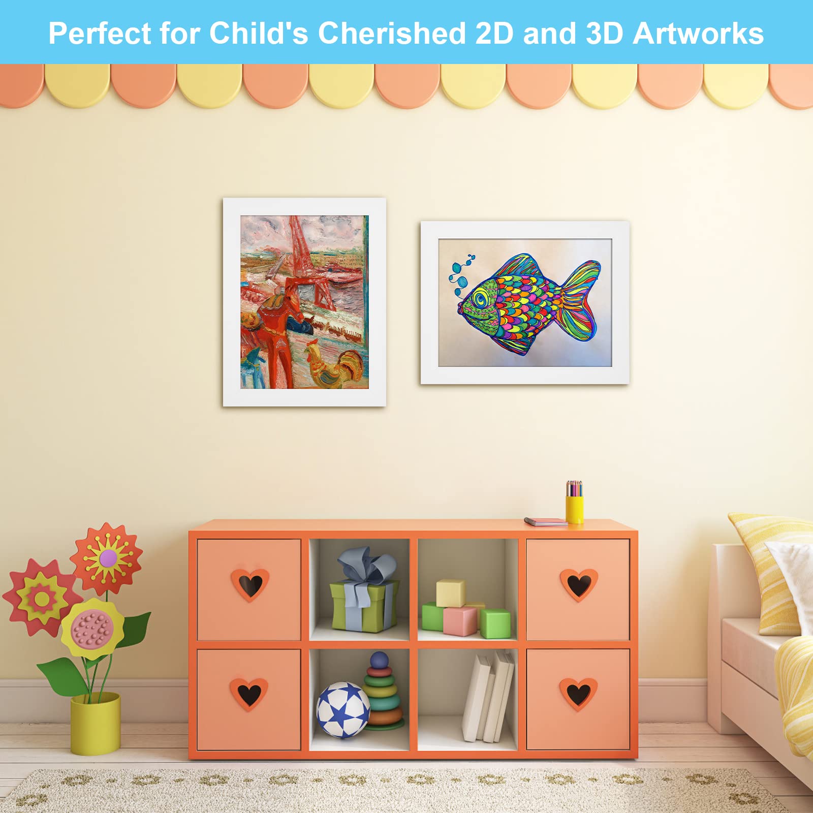 Kids Art Frames, 9x12 Front Opening Kids Artwork Frames Changeable, Upgrade White Artwork Display Storage Frame for Wall, Holds 50 Pcs, for 3D Picture, Crafts, Children Drawing, Hanging Art, Portfolio