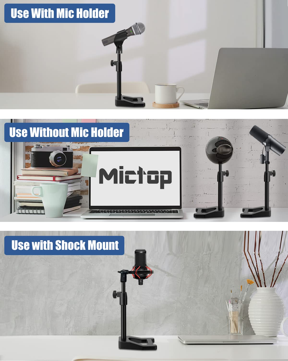 Mictop Desktop Microphone Stand, Mic Stand with Mic Clip Holder Weighted Base Shock Mount 3/8" and 5/8" Adapter Adjustable Height for AT2020, Blue Yeti, Snowball, Samson Q2U, Shure SM58, ATR2100x etc.