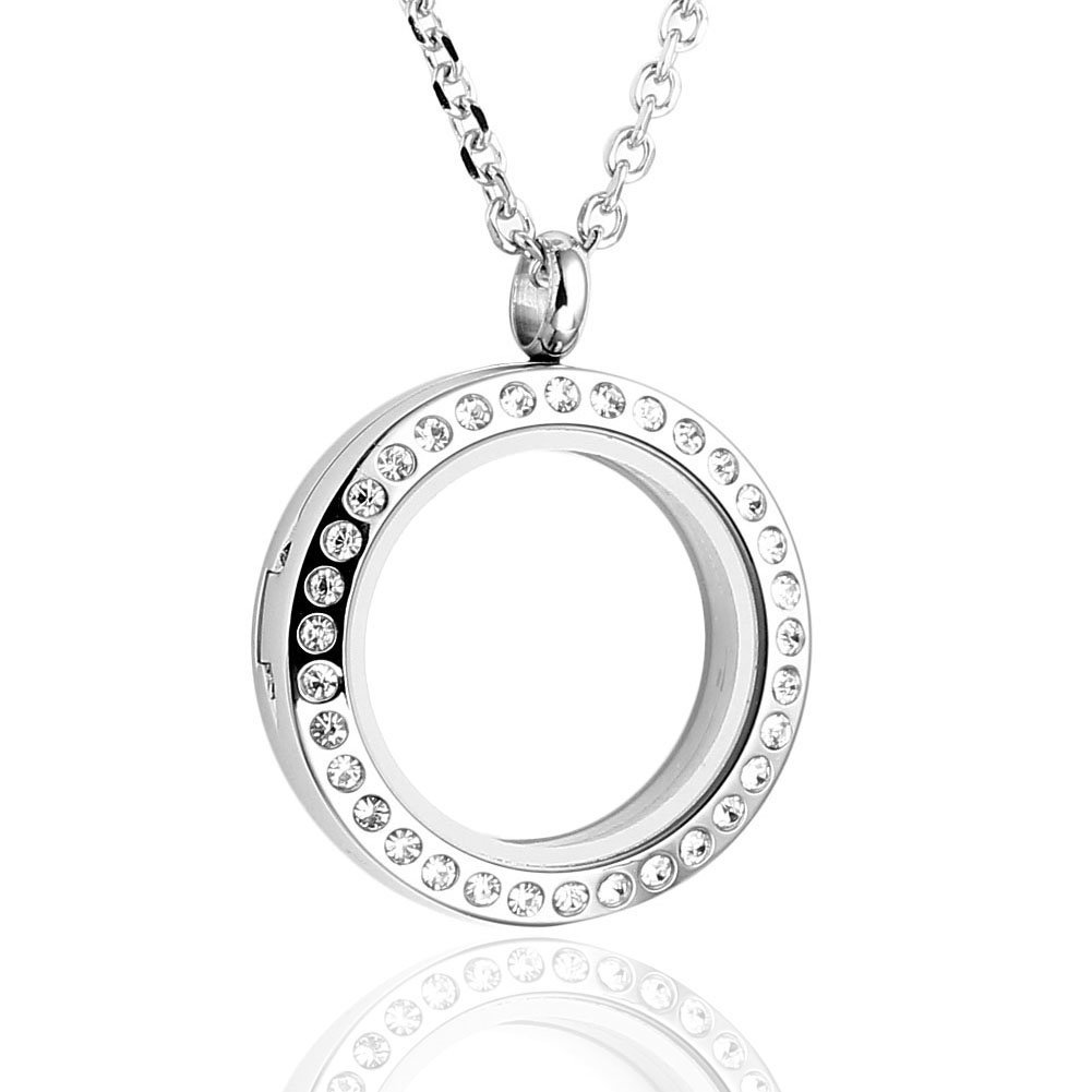 Jovivi 30mm Living Floating Memory Glass Locket Necklace - Stainless Steel Round Crystals Buckle Closure