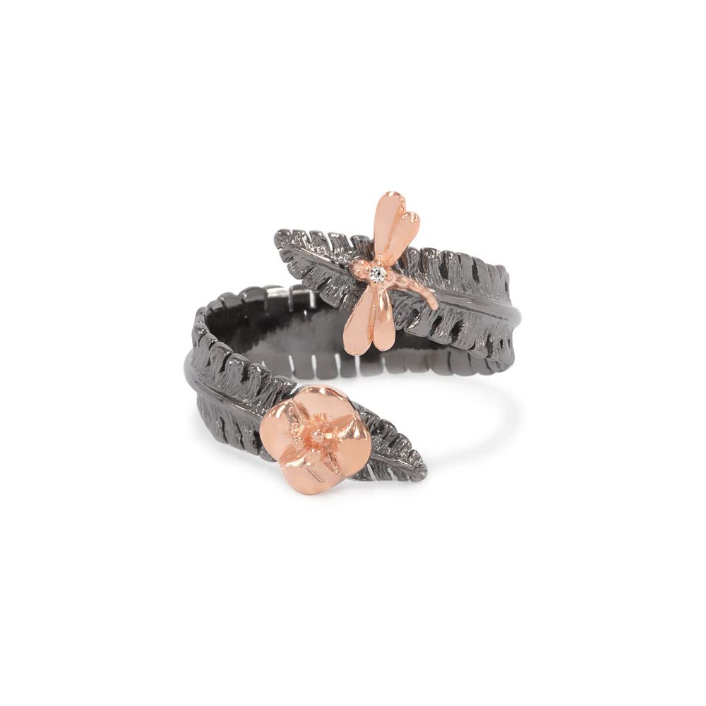 New Beginnings by Janyl Adair - Black Rhodium & Rose Gold Plated .925 Sterling Silver White Zircon 5/8" Flower & Dragonfly Fern Leaf Bypass Style Statement Ring - Size 10