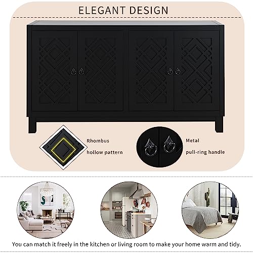 Wood Storage Cabinet, Large Storage Space Sideboard, 4 Door Buffet Cabinet with Pull Ring Handles for Living Room, Dining Room, Easy Assembly (Black)