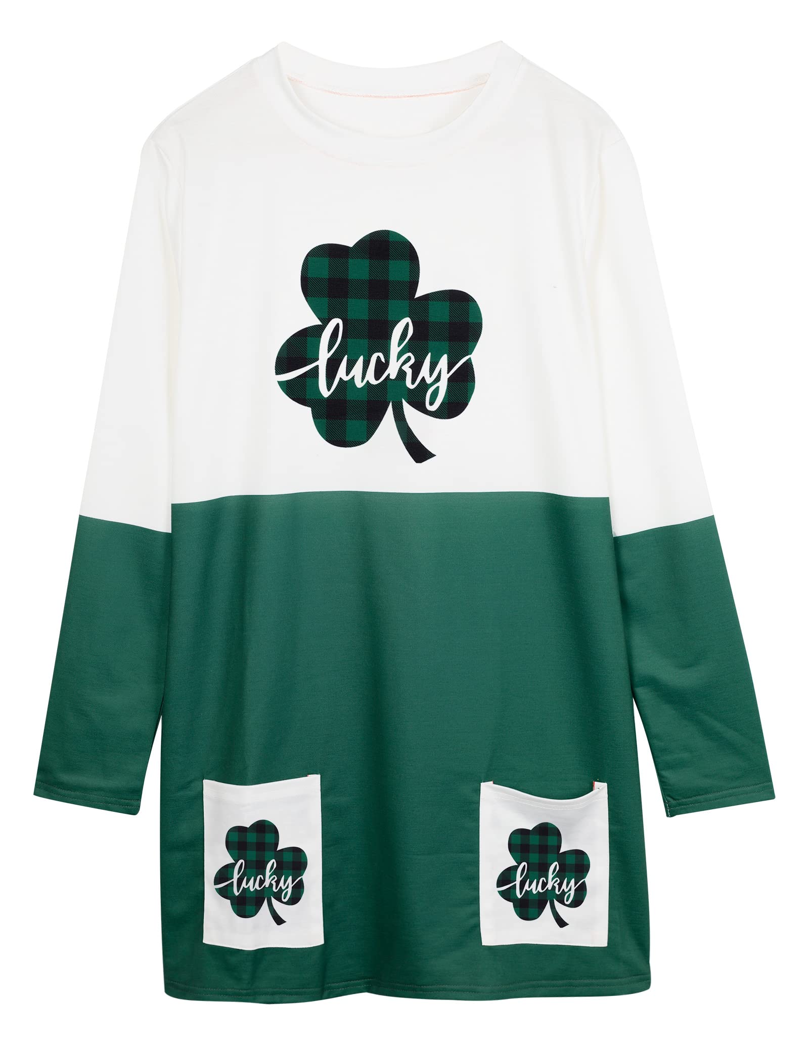 MOUSYA St Patrick's Day Dress Shirt Women Clover Heart Long Sleeve Tops Plus Size Color Block Sweatshirt with Pockets