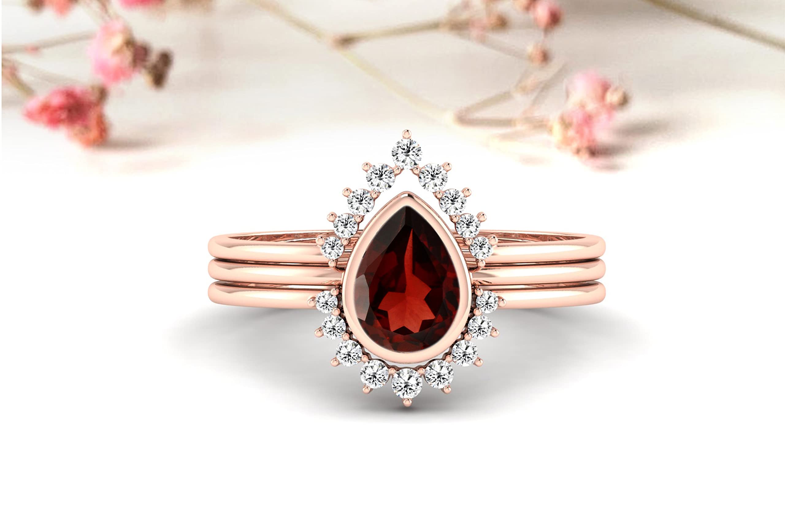 mirahi by chordia jewels Bridal Sets Wedding Rings, Solitaire Teardrop Garnet Engagement Ring, Diamond Stackable Ring 14K Rose Gold