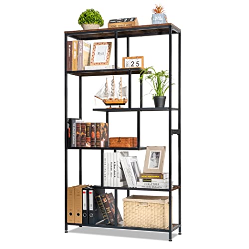 Tektalk Bookshelf,Rustic 6 Open Shelves Bookcase, Standing Book Shelf Display Bookshelves Storage Organizer Rack for Bedroom Living Room Home Office - Brown
