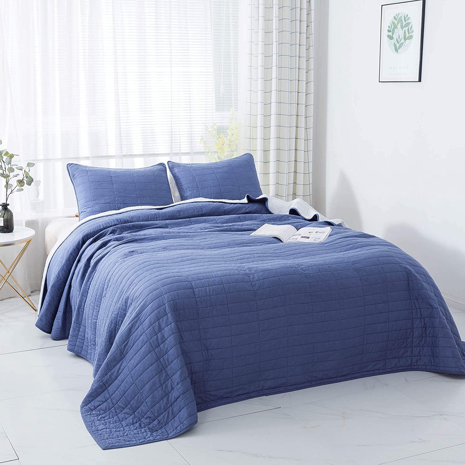 KASENTEX 3-Piece Oversized King Quilt Set Soft 100% Cotton Bedspread Coverlet Sets (Teal, 112X106+20X36 X2)