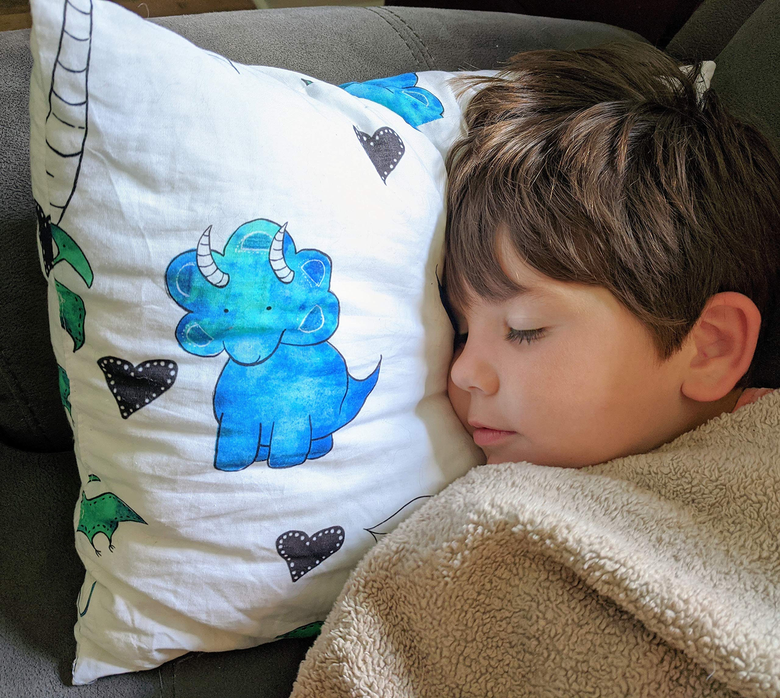 JumpOff Jo β Toddler Pillow for Kids, No Pillowcase Needed, Kids Travel Pillow, 100% Cotton Cover, Hypoallergenic, Machine Washable β 14βx19 (Dinosaur)