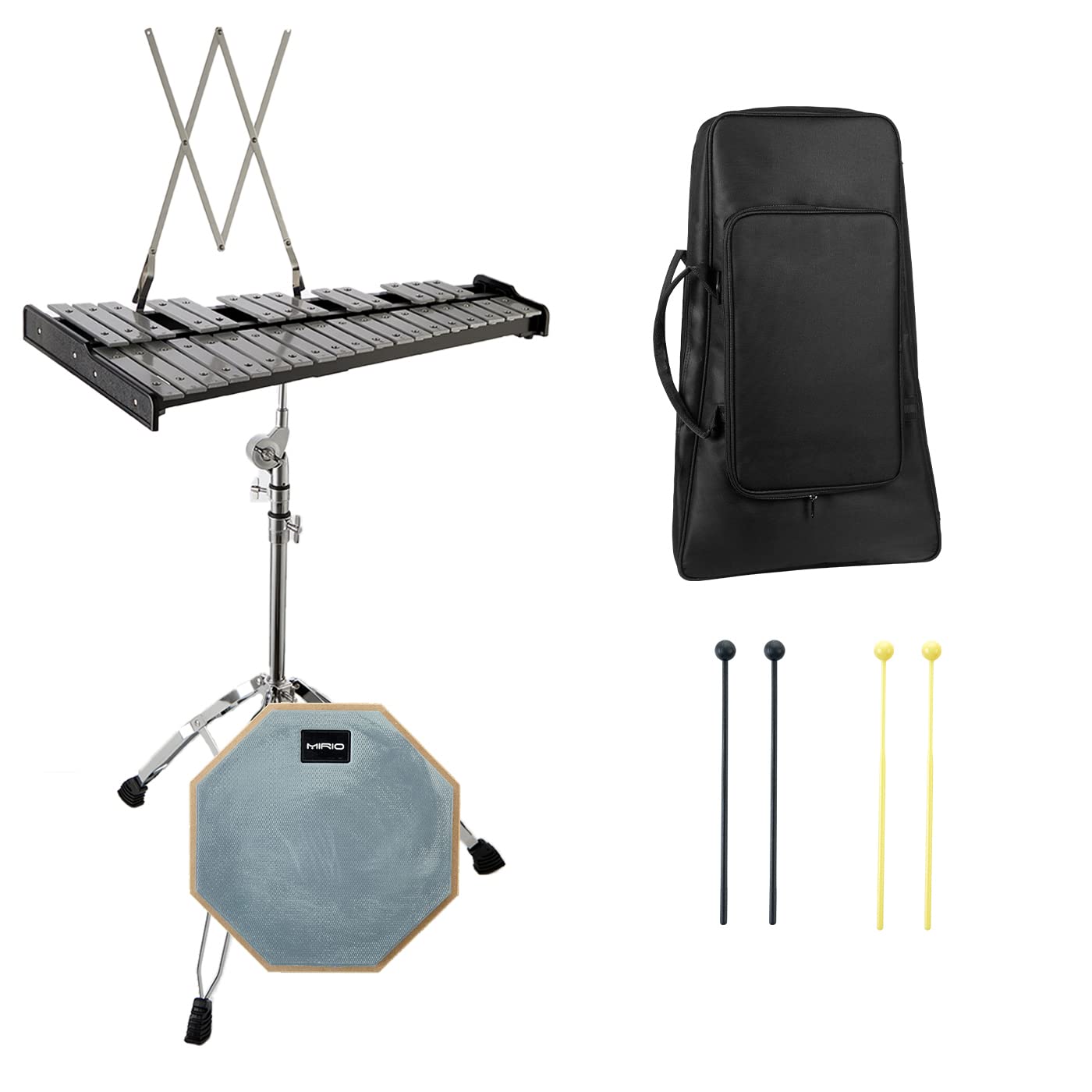 MIRIO Advanced 32 Note Glockenspiel Xylophone Bell Kit Percussion Kit for Adult Beginner Students with Adjustable Stand Mallets, Drum Practice Pad, Glockenspiel Stick, Drum Sticks and Carrying Bag