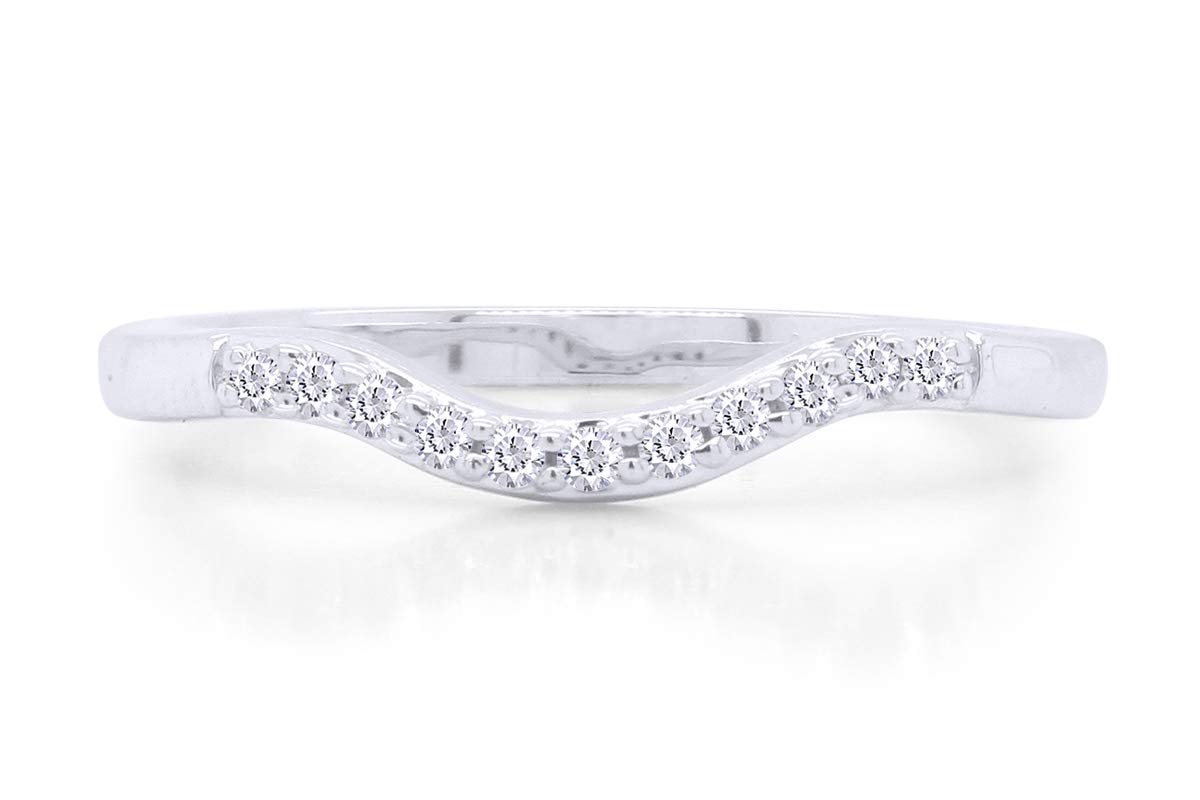 Jewel Zone US Round Cut White Natural Diamond Accent Curved Wedding Band Ring 14k White Gold Over Sterling Silver Stackable Band Rings for Women (0.06 Cttw) Ring Size-6