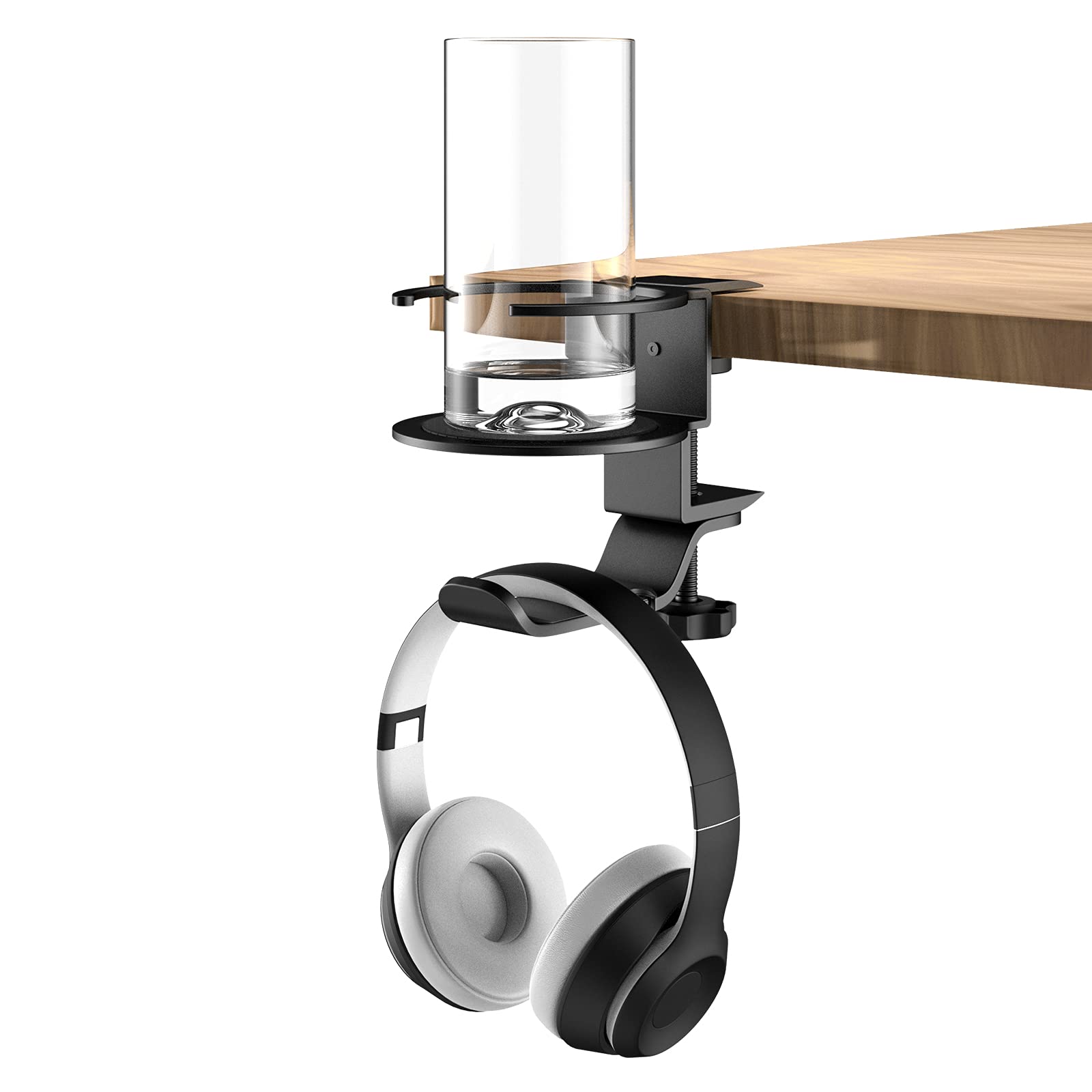 MoKo Headset Hanger with Cup Holder, Universal 2 in 1 Headphone Stand Adjustable 360° Rotate Aluminum Earphone Hook Mount Fit All Headphone Size Sennheiser, Audio-Technica, PS5 Gaming Headphone, Black