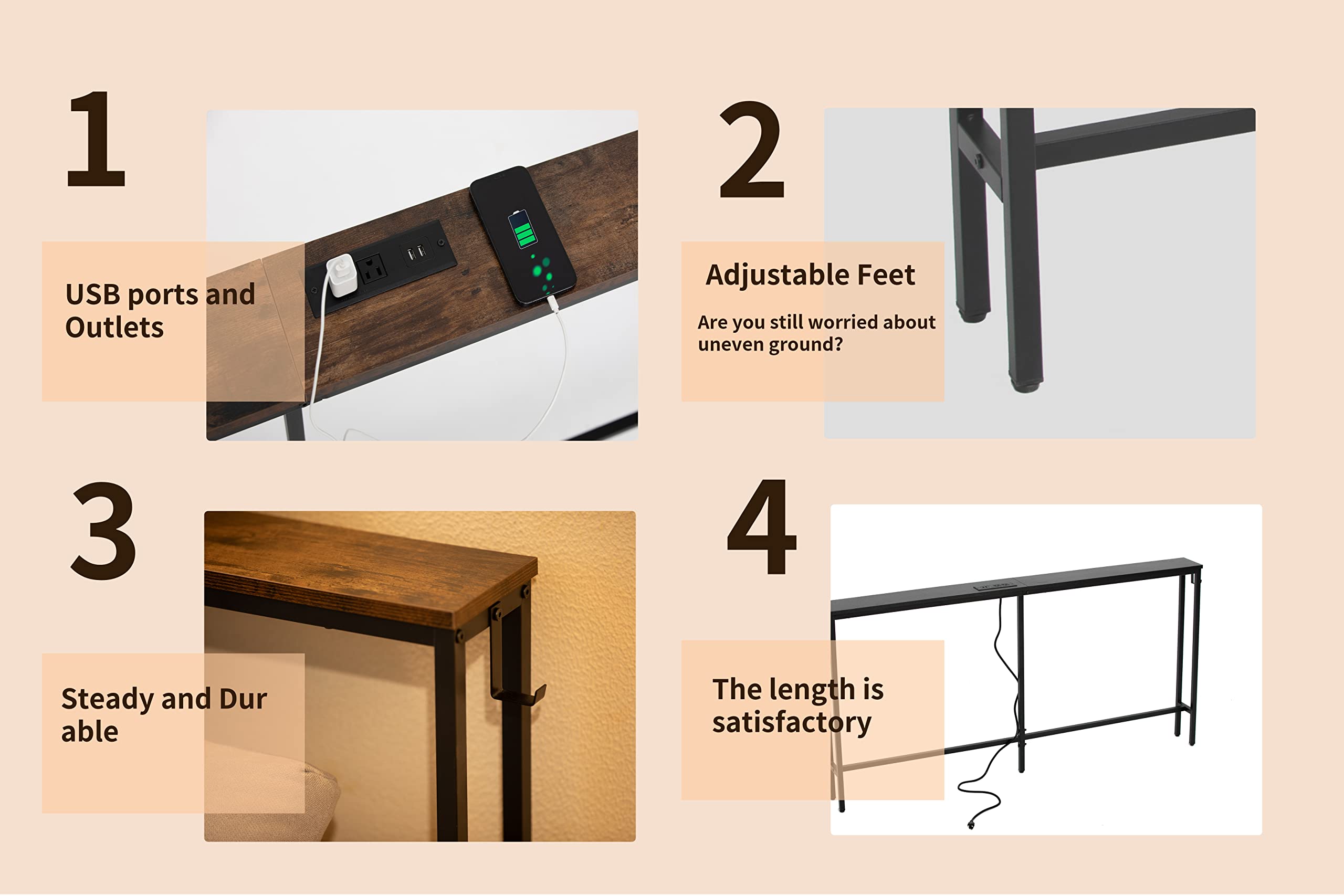 SUCRSIXBRO Console Table with Charging Station, 78.7" Narrow Sofa Table, Entryway Table with Outlets and USB Ports,Easy Assembly,Living Room, Bedroom,Greige+Black