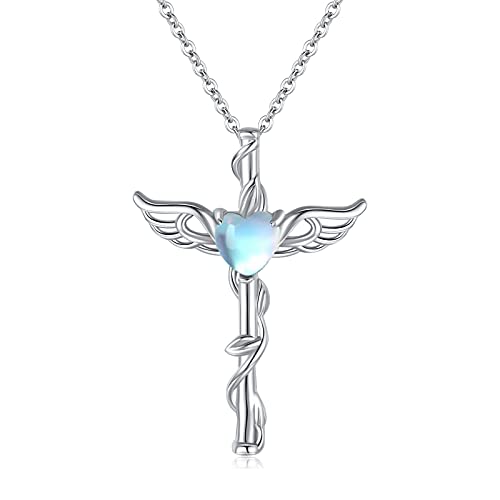 Midir&Etain Angel Necklace 925 Sterling Silver Moonstone Angel Wings Cross Pendant Necklace Hypoallergenic Moonstone Angel Cross Jewelry Gift for Women