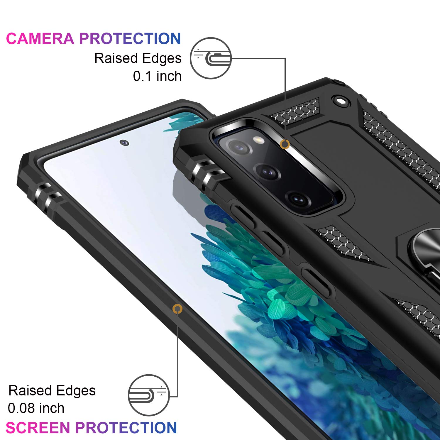 LUMARKE for Galaxy S20 FE Case with Screen Protector,Pass 16ft. Drop Tested Military Grade Cover with Magnetic Ring Kickstand,Protective Phone Case for Samsung Galaxy S20 FE Black