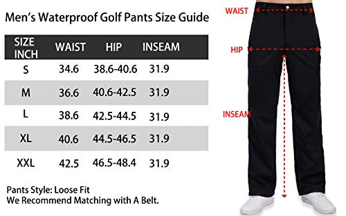 Men's Golf Pants Waterproof Comfort-Fit Rain Pants Lightweight Breathable Hiking Pants with Pockets (Black, L)