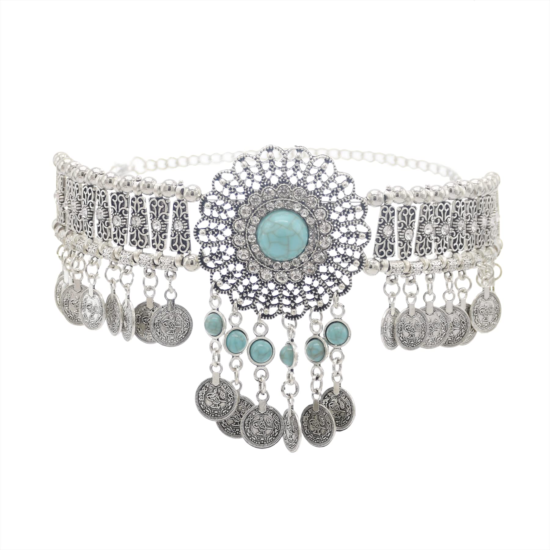 idealway Retro Boho Tribal Tassel Collar Bib Chain Chunky Pendant Statement Necklace Choker for Women (Silver)
