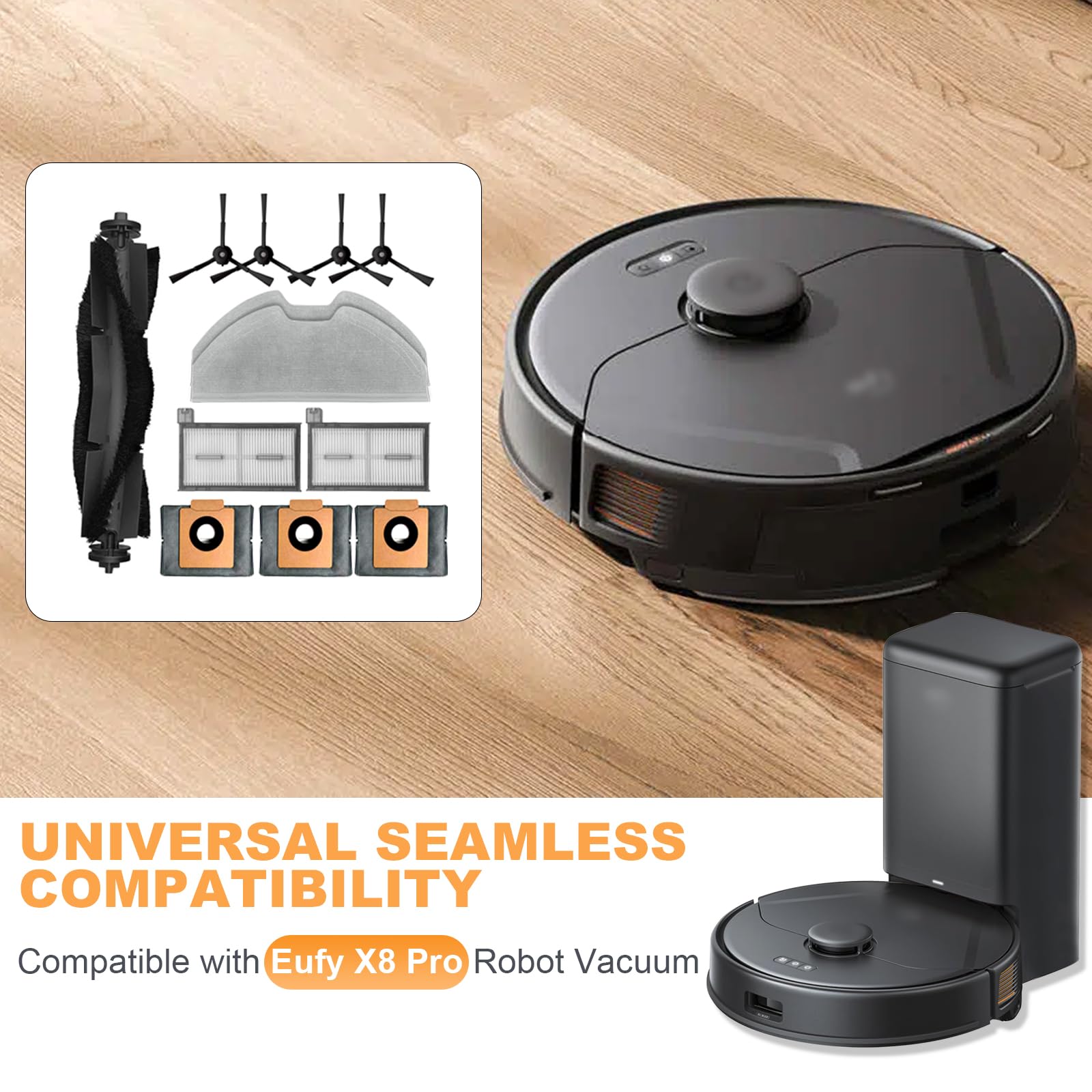 Suitable for eufy X8 Pro Robot Vacuum Accessories main rolling brush Edge brush filter mop dust bag (1 rolling brush +2 filter +2 mop +4 side brush +3 dust bag)