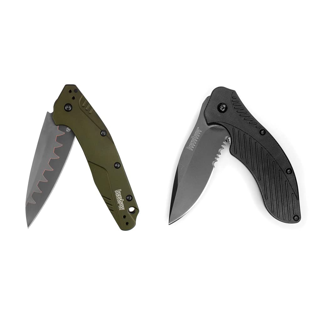 Kershaw Dividend Composite Folding Pocket Knife, Olive, 3''Blade & Clash Pocket Knife, Black Serrated (1605CKTST); 3.1” Stainless Steel Blade with Black-Oxide Coating; Glass-Filled Nylon Handle; 4.3oz