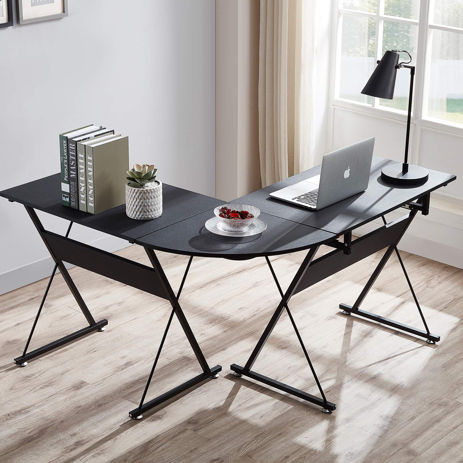 L Shaped Desk with Keyboard Tray Reversible Gaming Desk Corner Computer Desk for Home Office, Black Wood & Steel Frame Writing Study PC Workstation Table for Small Space
