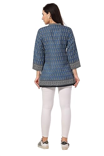 Keshubaba Indian Kurtis for Women - Cotton Indian Style Short Kurta Kameez - Printed Tunics Tops for Jeans & Leggings (Blue/X-Large)