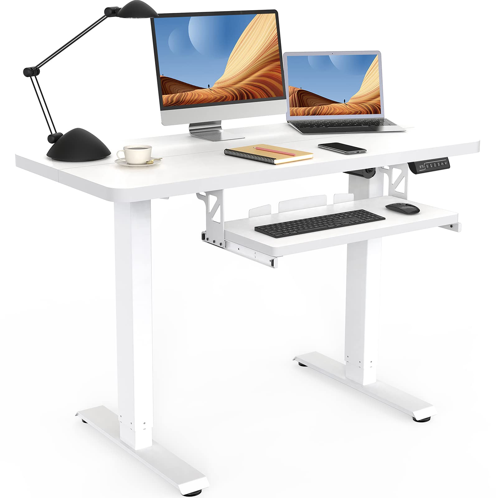 JOY worker White Electric Standing Desk with Keyboard Tray, Splice Board 48 x 24 Inches Sit Stand Up Height Adjustable Desk with Memory Controller, Ergonomic Workstation for Home Office