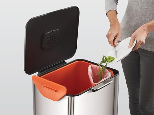 Joseph Joseph Totem Max 60 Liter Waste Separation and Recycling Kitchen Trash Can with Odor Filter and Removable Food Waste Caddy, Stainless Steel